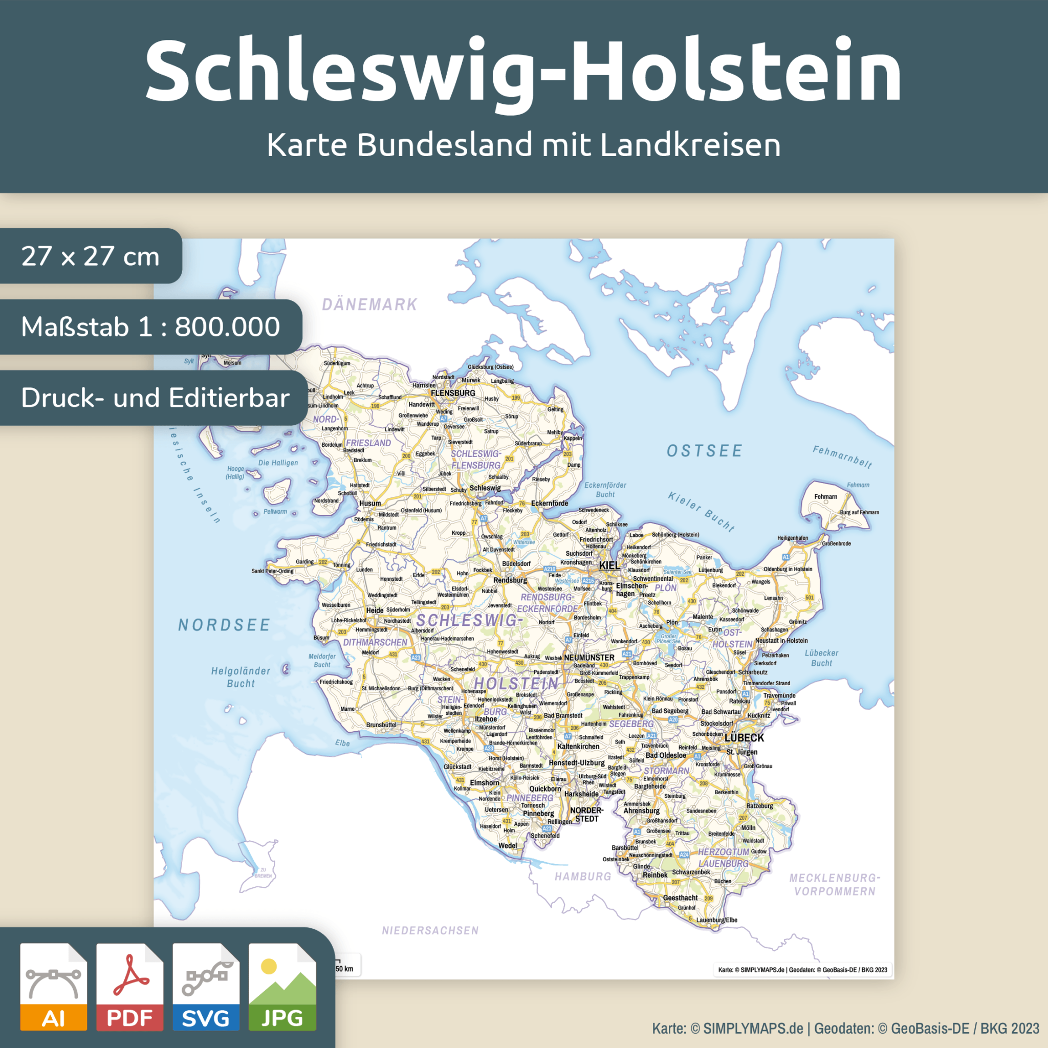 Landkarte Schleswig-Holstein | Druck PDF + Vektor Download