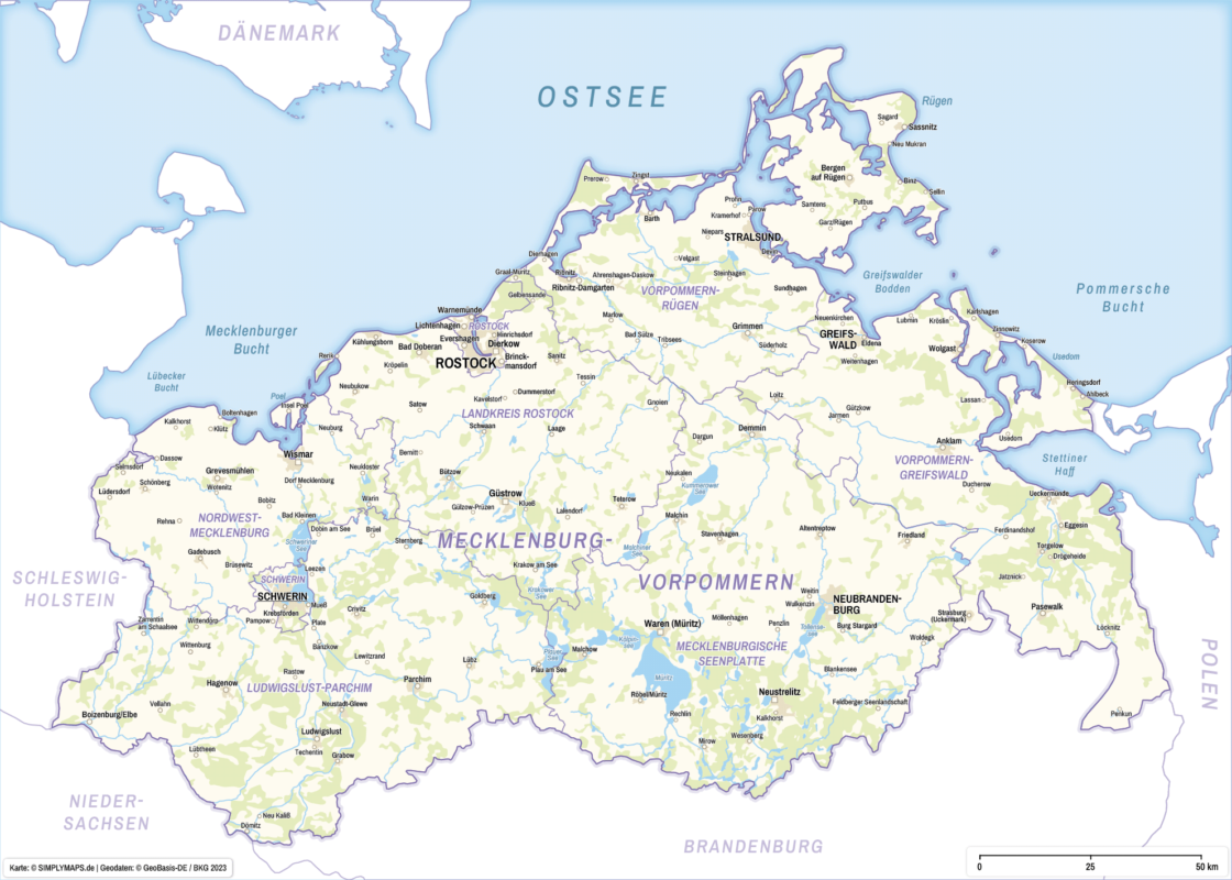 Landkarte Mecklenburg-Vorpommern | Druck PDF + Vektorgrafik